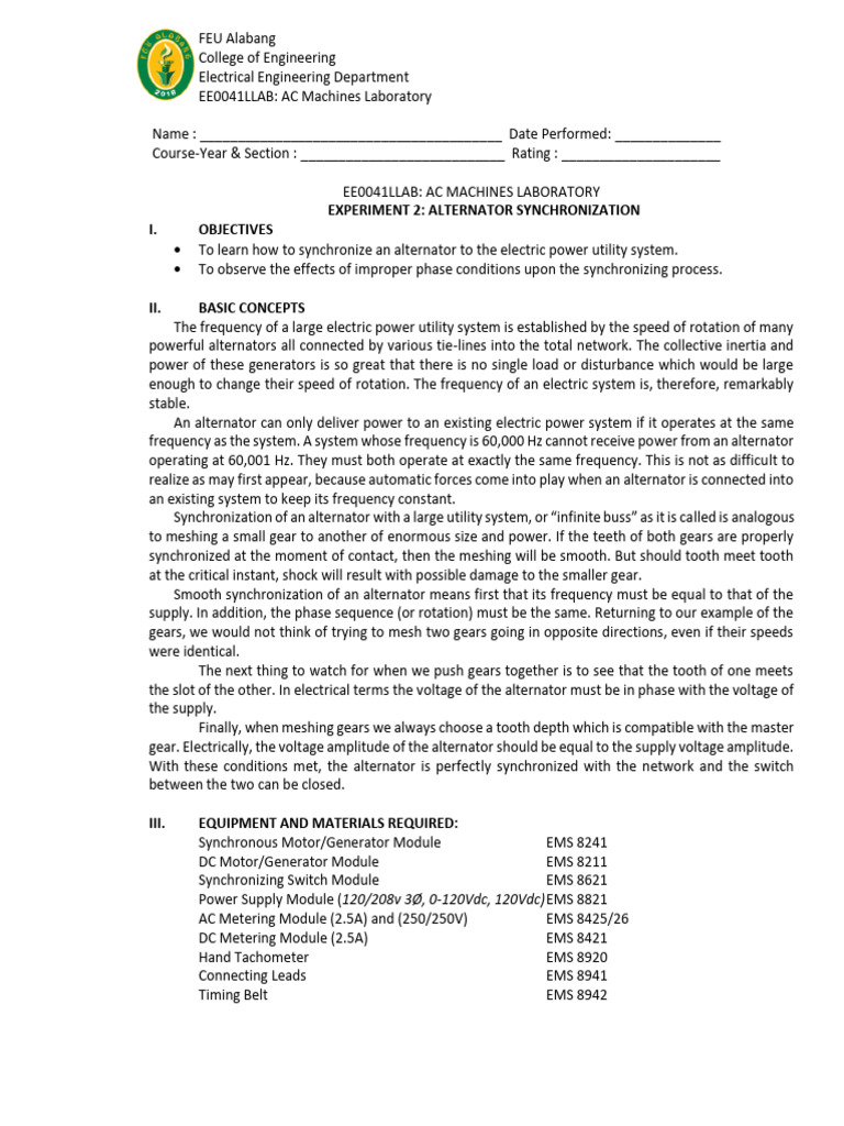 Experiment 2 Alternator Synchronization Pdf Electric Motor Power