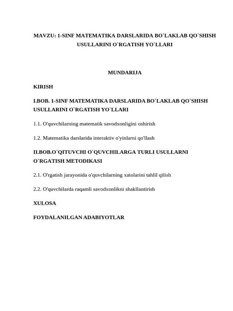 1-Sinf Matematika Darslarida Bo'laklab Qo'shish Usullarini O'rgatish Yo ...
