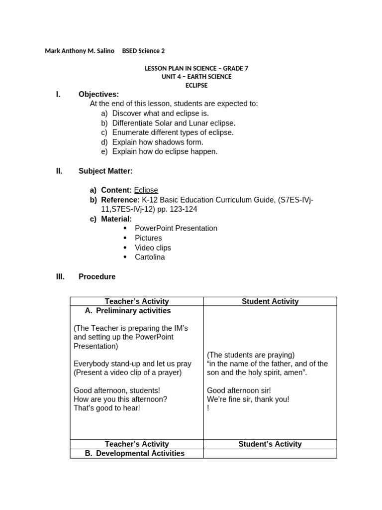 Lesson Plan Eclipse Mark Anthony Salino | PDF | Solar Eclipse | Eclipse