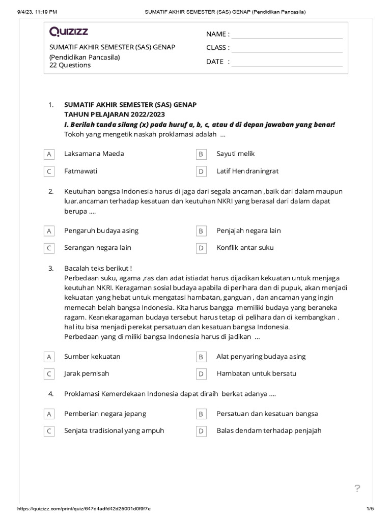 SUMATIF AKHIR SEMESTER (SAS) GENAP (Pendidikan Pancasila) | PDF