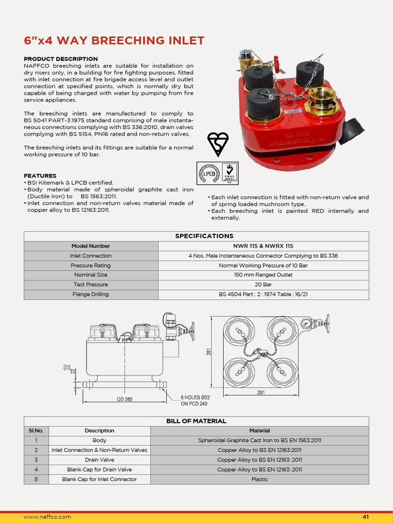 6"x4 Way Breeching Inlet Specs | PDF | Valve | Cast Iron