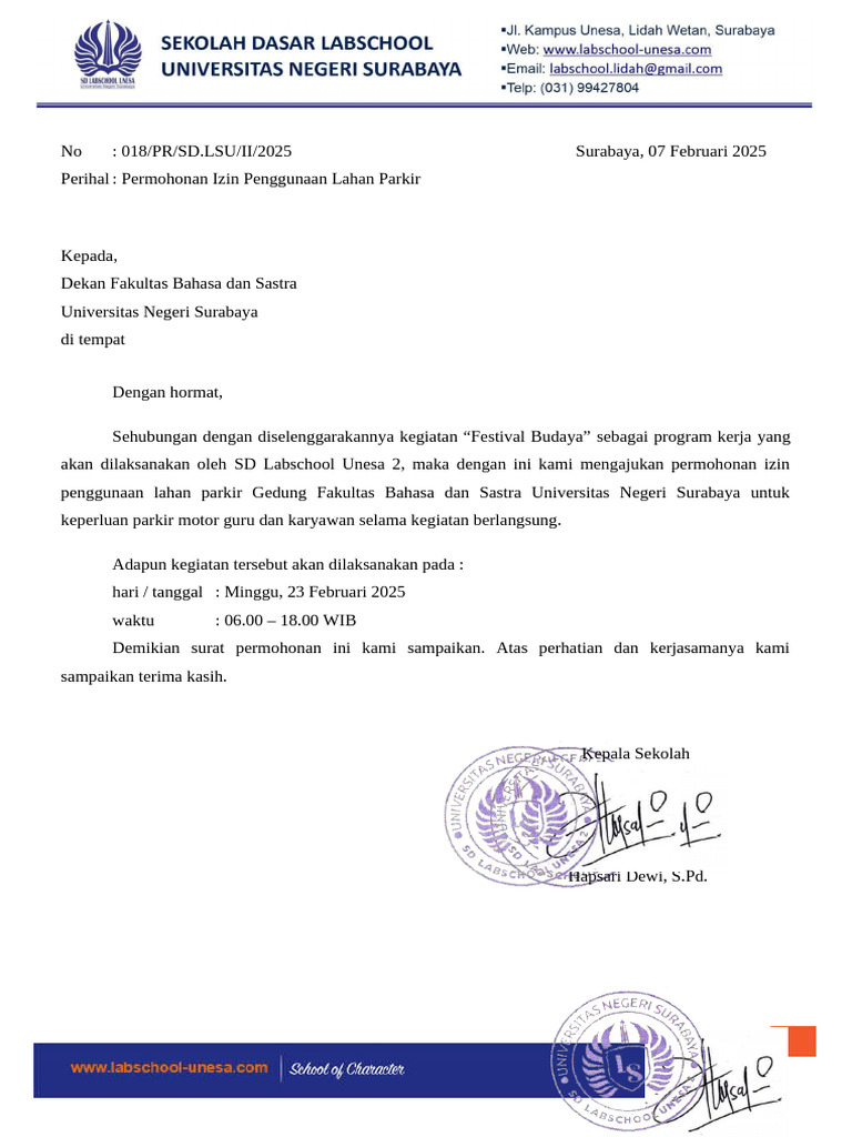 NO 018 Surat Permohonan Izin Penggunaan Lahan Parkir FBS | PDF