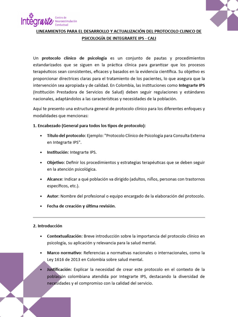 Protocolo Psicológico Integrarte IPS | PDF | Terapia de conducta cognitiva | Sicología