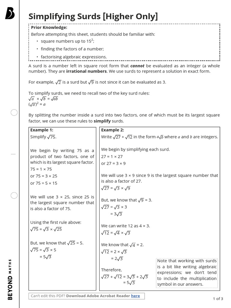 Simplifying Surds (Interactive) | PDF | Numbers | Factorization