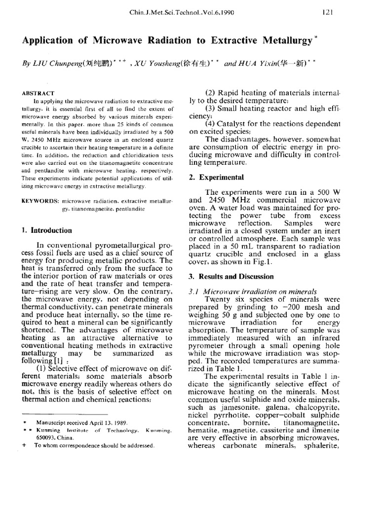 Application of Microwave Radiation To Extractive Metallurgy | PDF