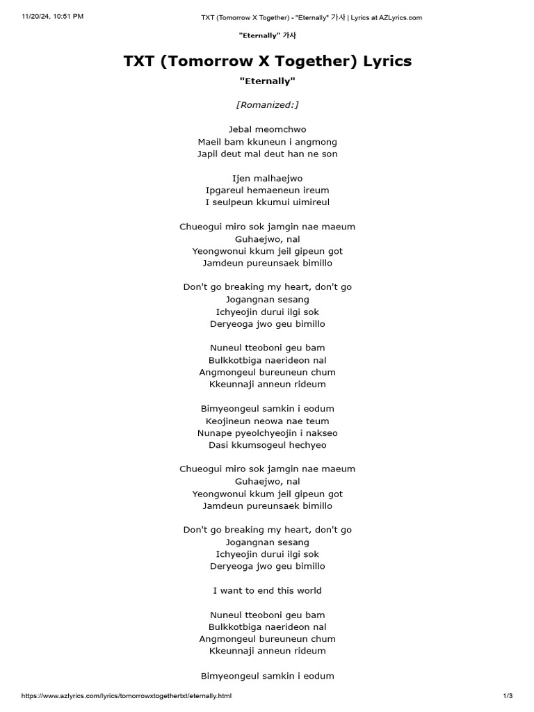 TXT (Tomorrow X Together) - - Eternally - 가사 - Lyrics | PDF