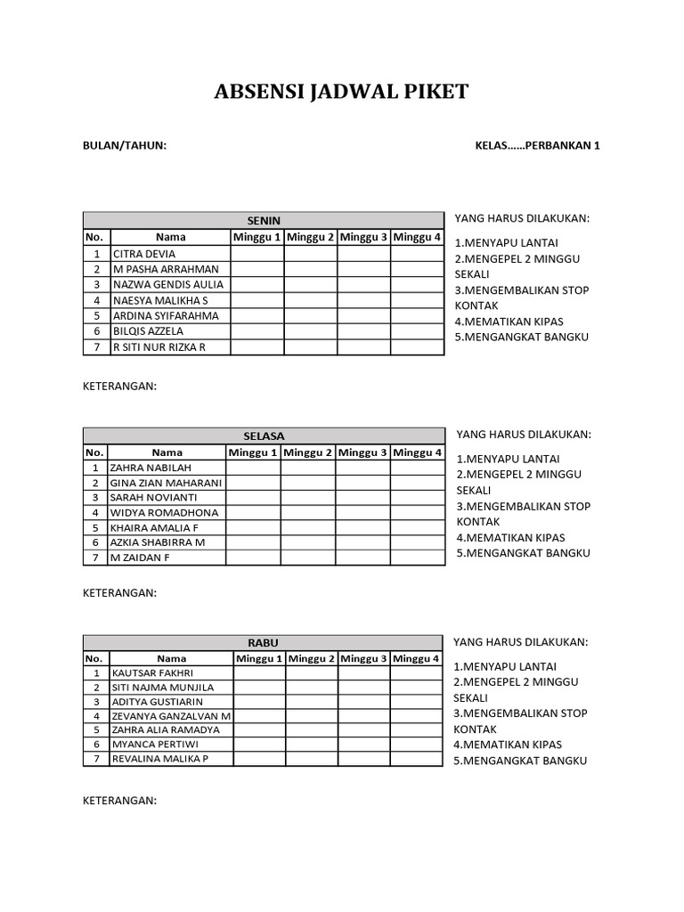Absensi Jadwal Piket | PDF