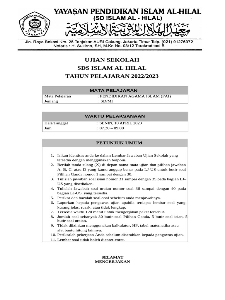 Format Soal Ujian Sekolah SD 2023 | PDF