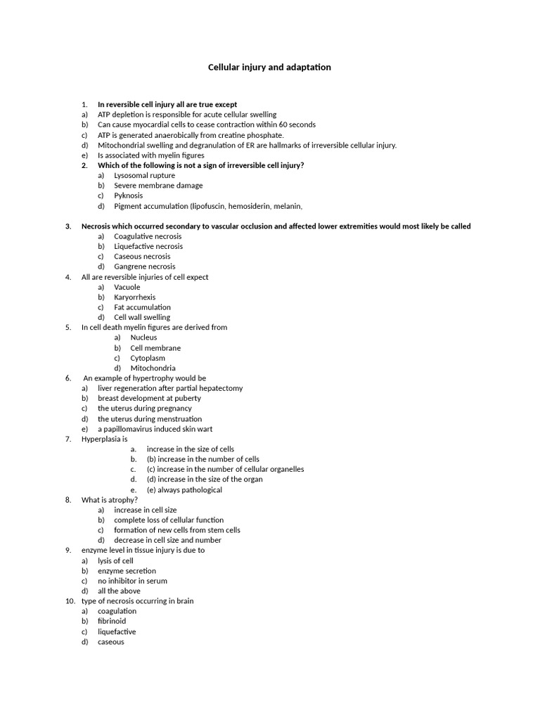 Cellular Injury and Adaptation MCQs | PDF