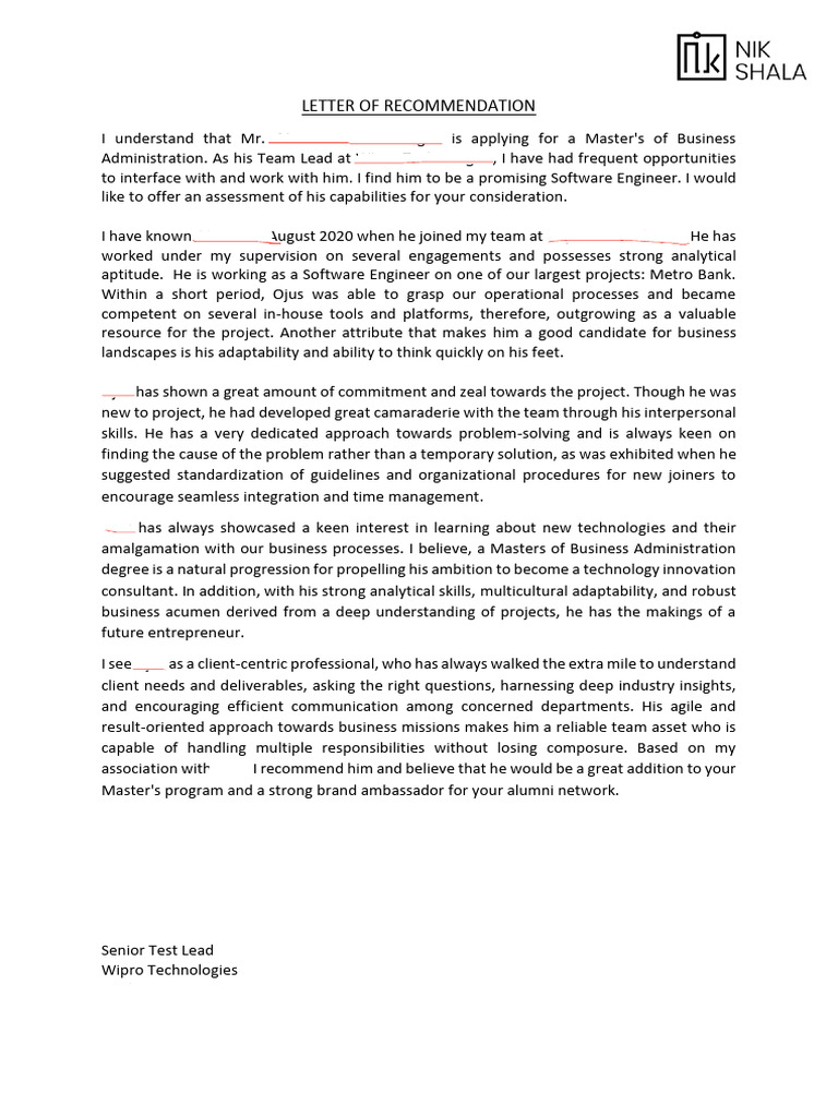 LOR Sample | PDF | Business | Cognition