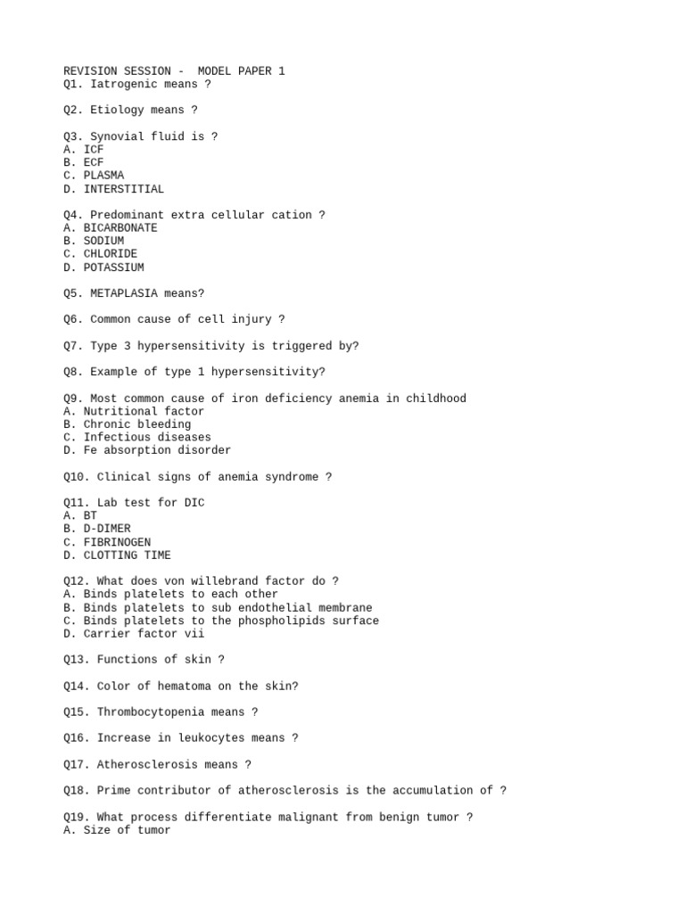 Model Paper 1 - Pathophysiology | PDF