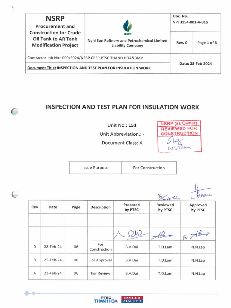 VPT3154-001-A-015 ITP for Insulation Work Rev 0 FC Approved | PDF