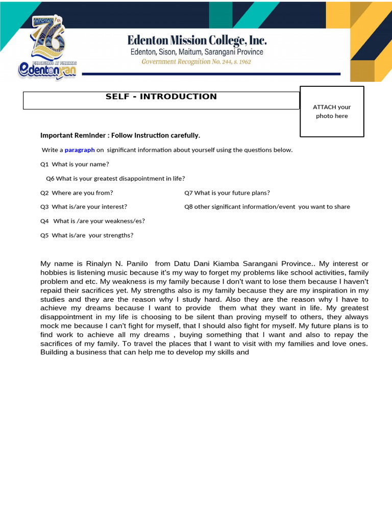 Self-Introduction. rinalyn | PDF