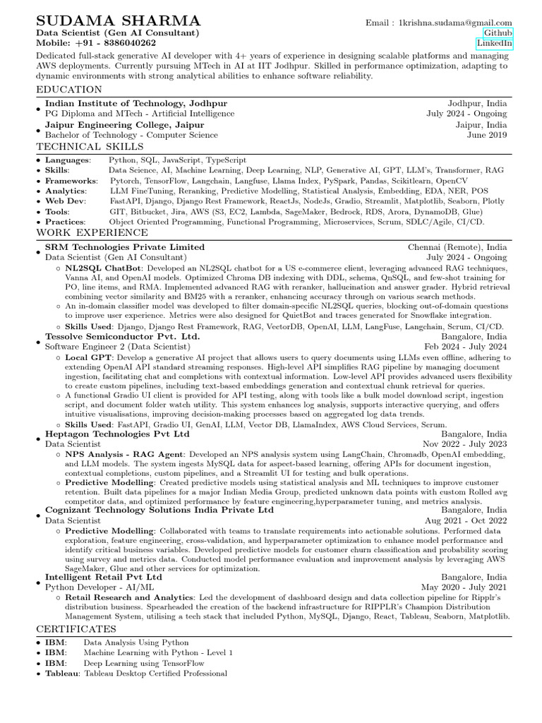 Data Scientist Resume Sample - Sudama Sharma | PDF | Artificial ...
