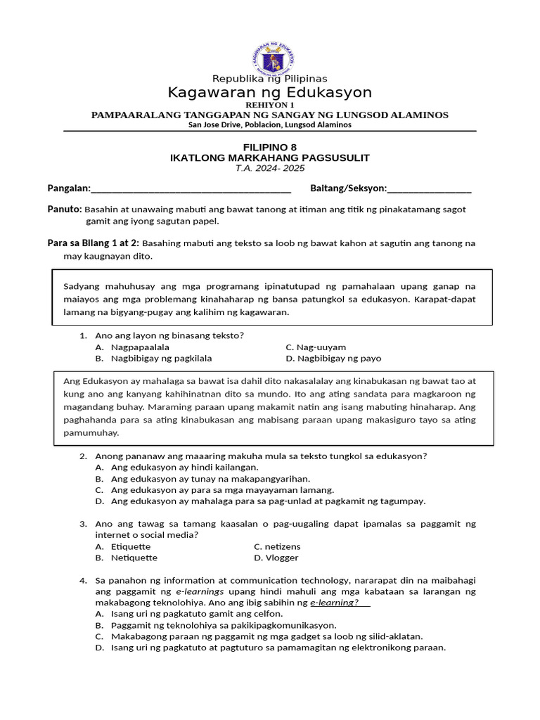 Fil 8 Q3 Periodical Test 2024 2025 | PDF