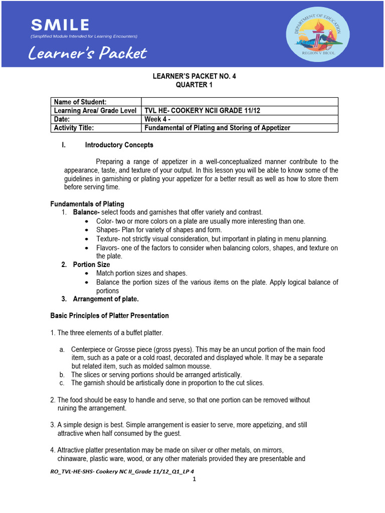 LP 4 - RO - TVL HE SHS Cookery NC II - Grade 11 12 - Q1 | PDF | Hors D ...