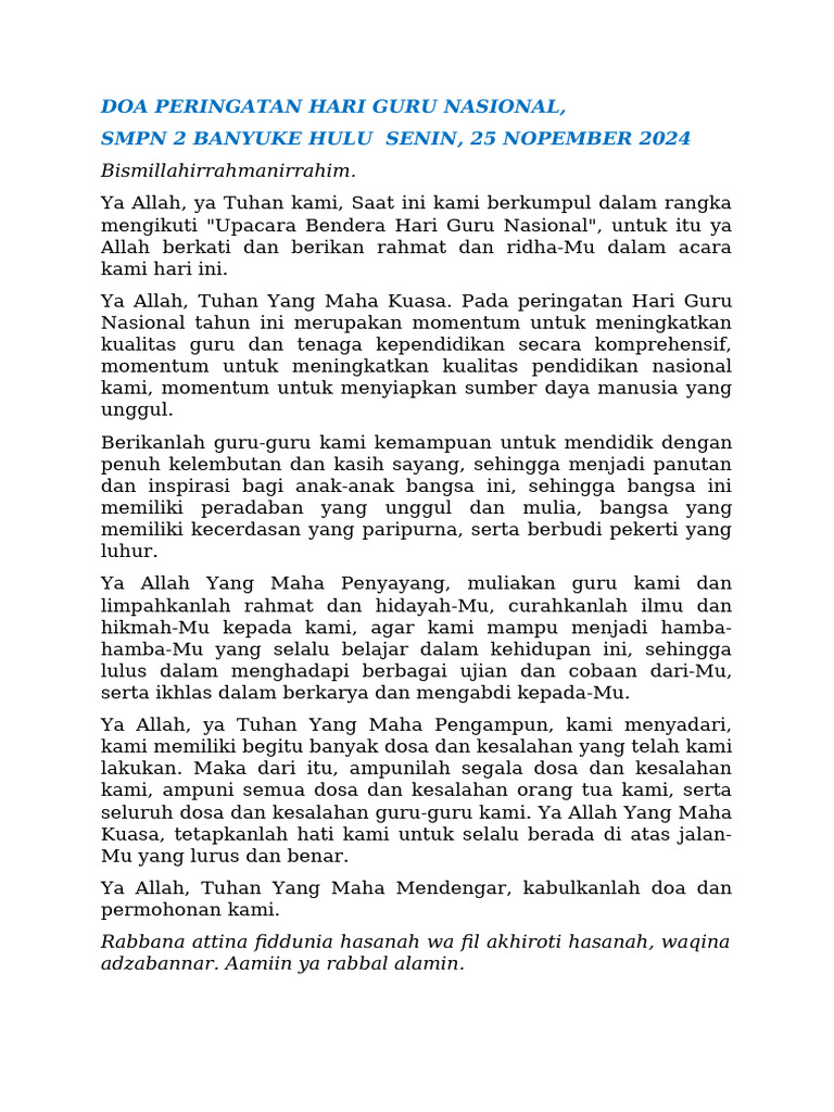 DOA PERINGATAN HARI GURU NASIONAL | PDF