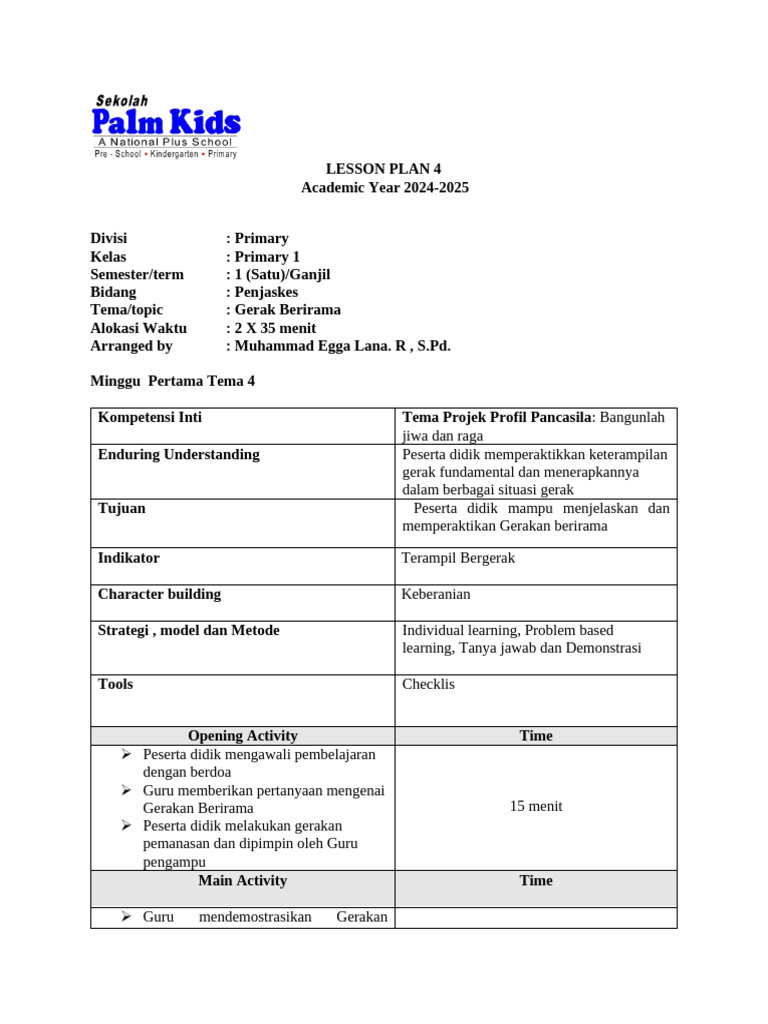 LESSON PLAN PE PR1 Tema 4 MINGGU 1-2 | PDF