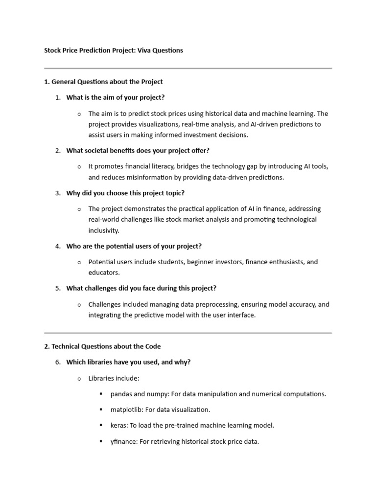 Stock Price Prediction Project (Possible Viva Questions) | PDF | Mean ...