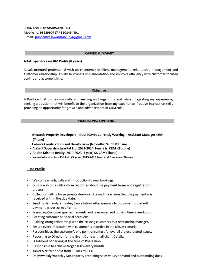 POONAM DILIP YASHWANTRAO RESUME | PDF | Customer Relationship Management