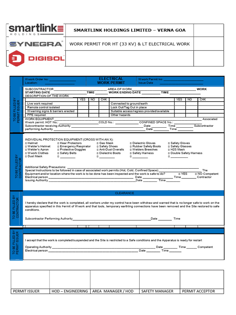 Work Permit - Electrical Work | PDF | Personal Protective Equipment ...