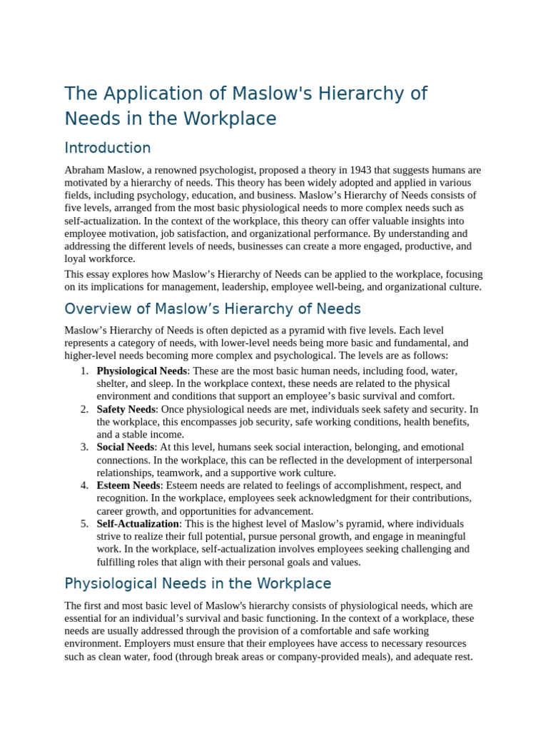 Applying Maslow's Needs in the Workplace | PDF | Behavioural Sciences ...