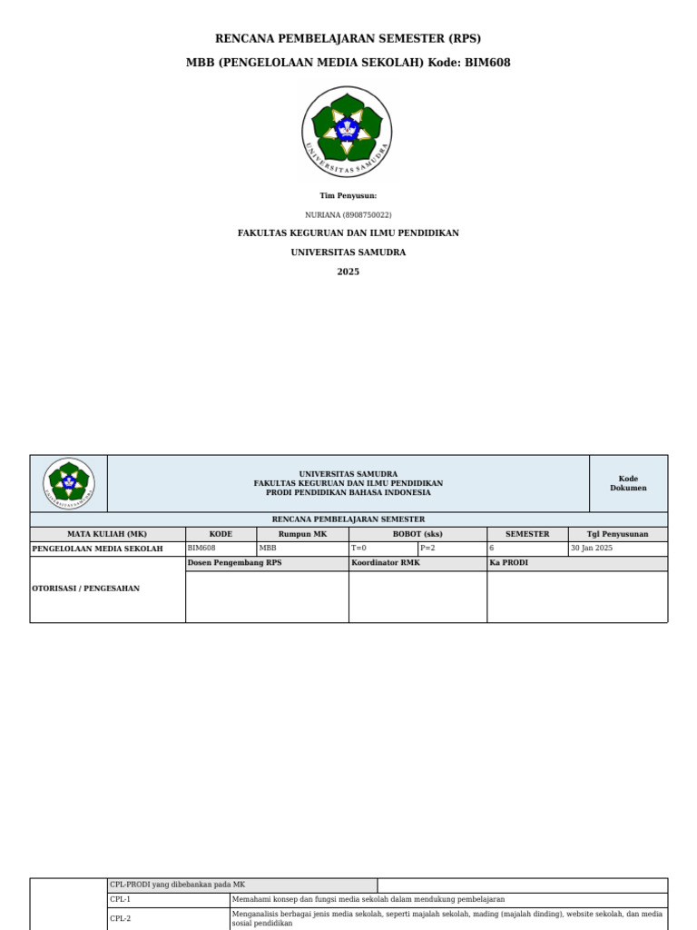 Rencana Pembelajaran Semester (RPS) PENGELOLAAN MEDIA SEKOLAH | PDF