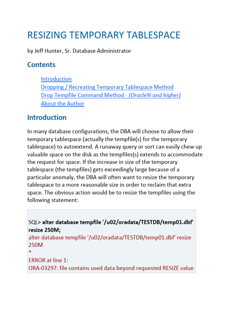 Oracle Temporary Tablespace Guide | PDF | Databases | Computer File