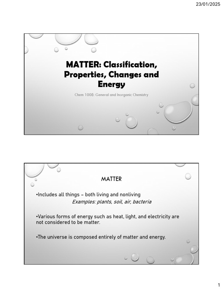 Chem 1008 - Matter Classification, Properties and Changes in Energy ...