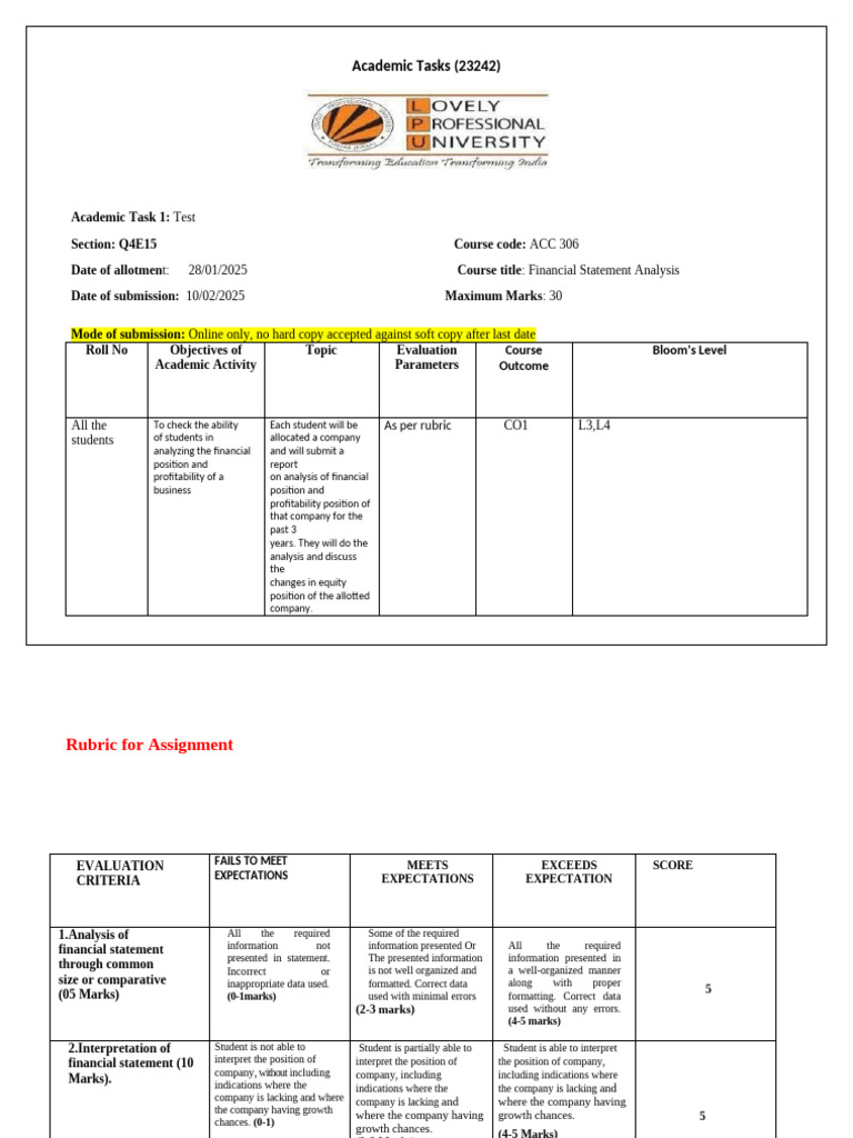 Financial Statement Analysis Assignment | PDF | Income Statement ...