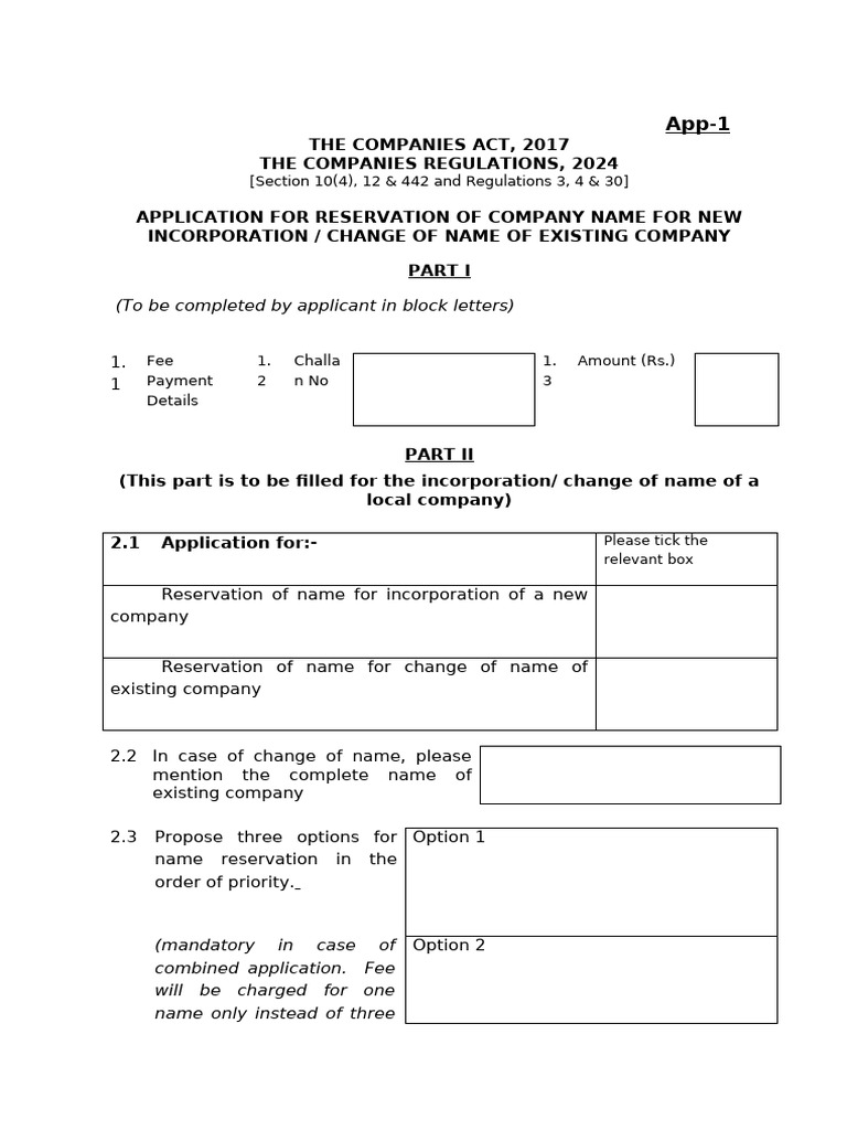 App 1 APPLICATION FOR RESERVATION OF COMPANY NAME FOR NEW INCORPORATION ...