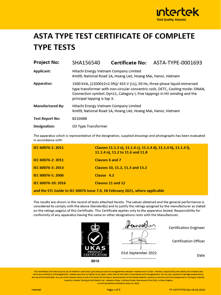 ASTA-TYPE-0001693 Issue 1 01-Sept-2022 - Security | PDF | Transformer ...