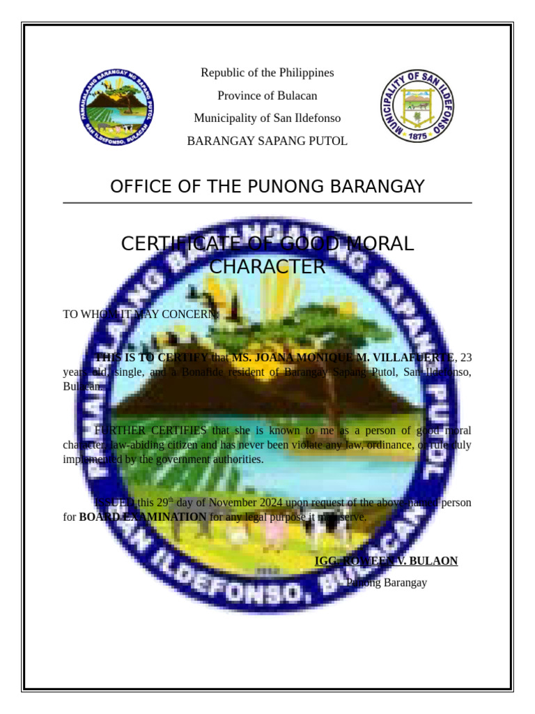 Certificate of Good Moral Character | PDF