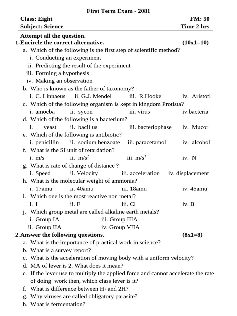 Eighth Grade Science Exam 2081 | PDF | Acceleration