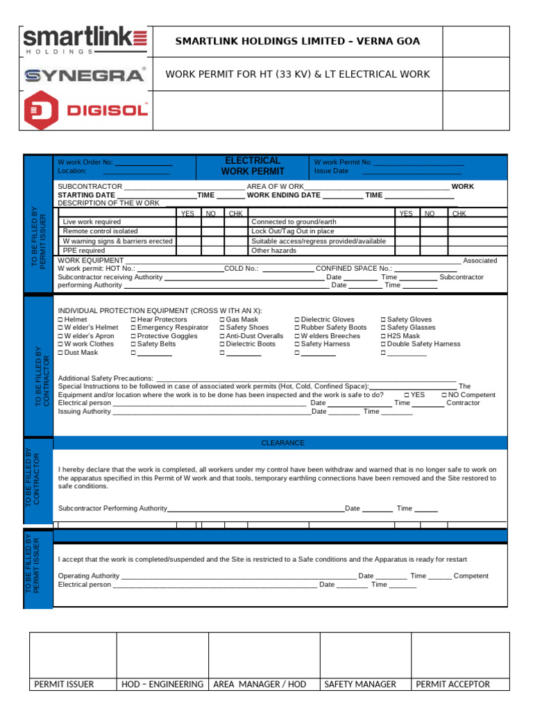Electrical Work Permit | PDF | Personal Protective Equipment ...