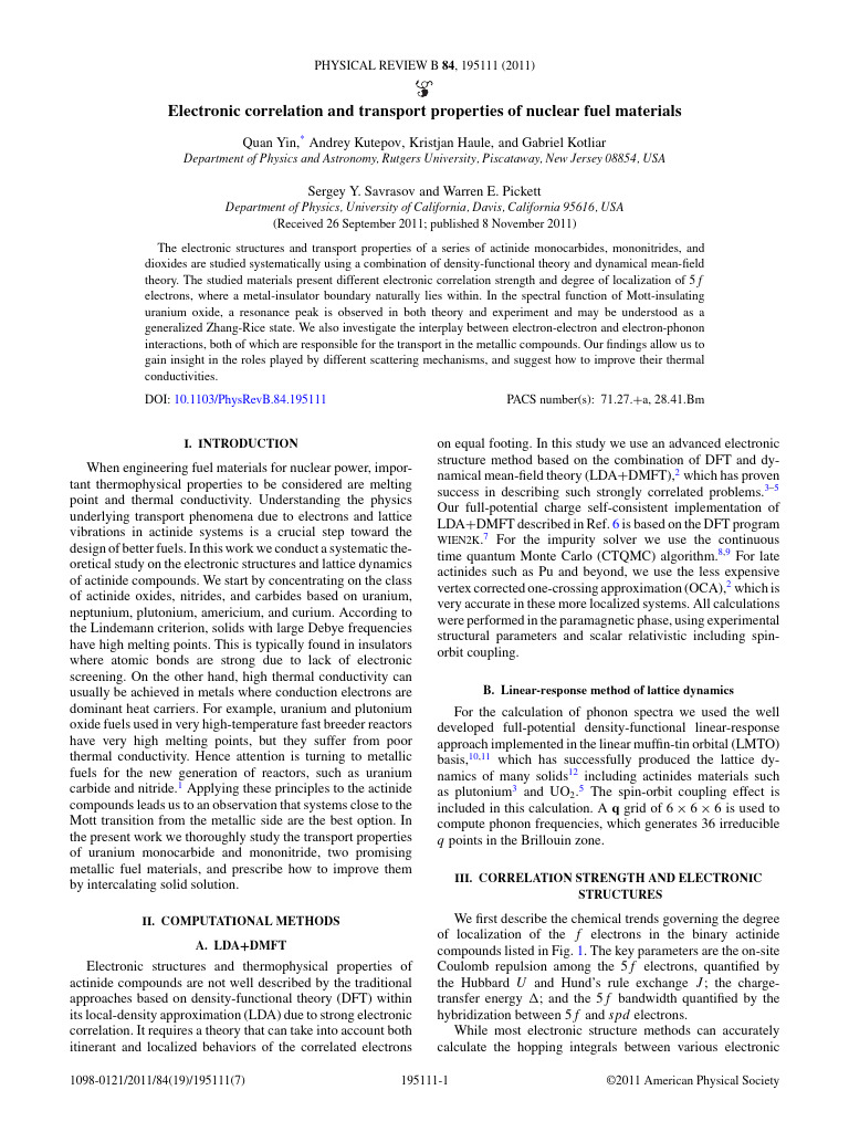 Electronic Correlation and Transport Properties of Nuclear Fuel ...