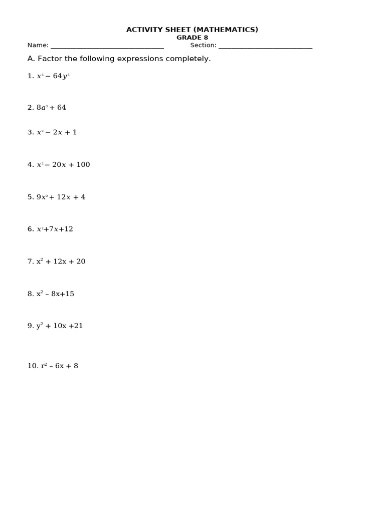 Activity Sheet Math 8.1 | PDF