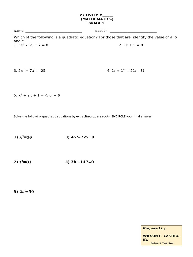 Grade 9 Quadratic Equations Activity | PDF