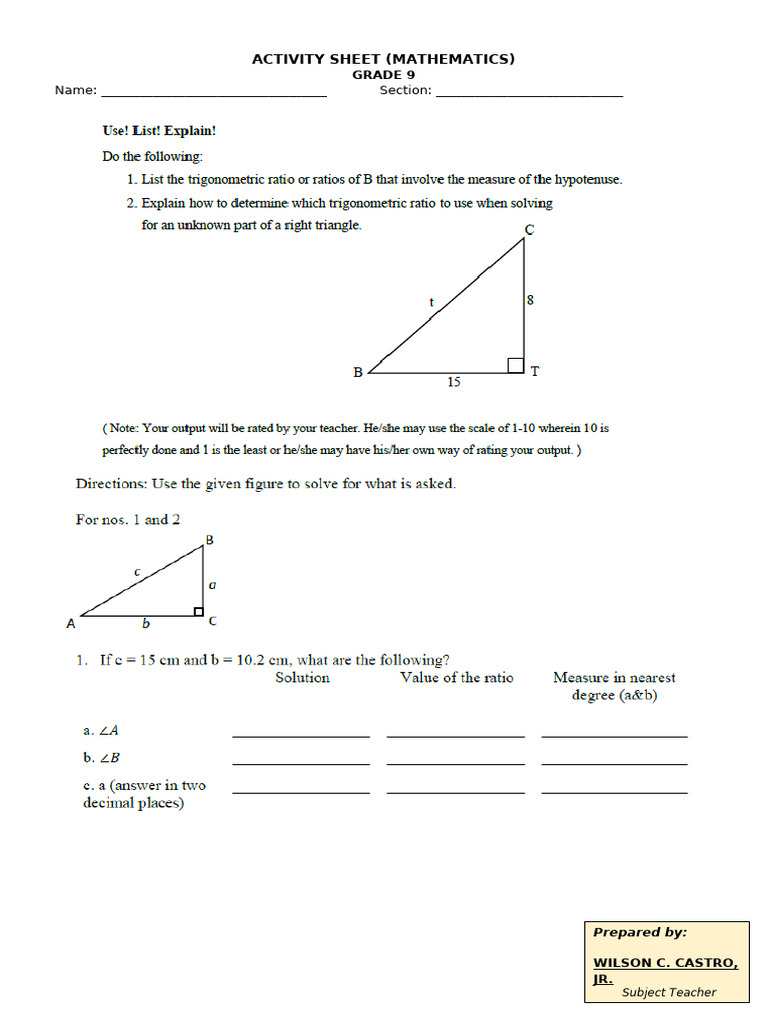 ACTIVITY SHEET Math 9.1 4th | PDF
