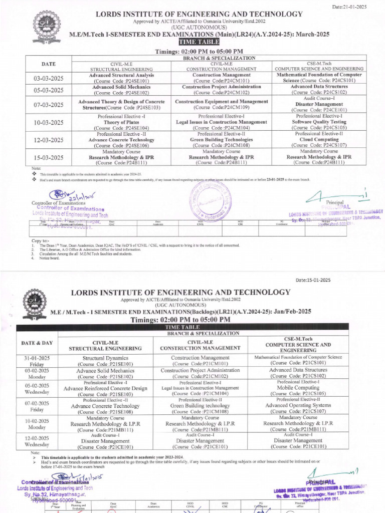 Time Table For M.E&M.TECH Semester End Examinations (Main & Backlogs ...
