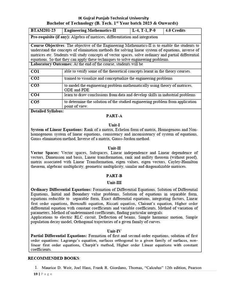 Engineering Mathematics II Syllabus | PDF | Equations | Matrix ...