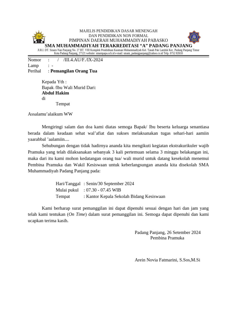 Surat Pemanggilan Orang Tua | PDF