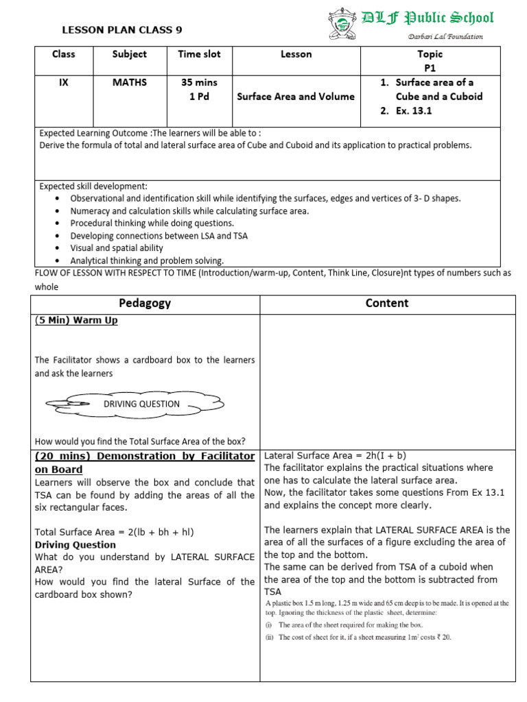 Class 9 Maths: Surface Area & Volume | PDF | Area | Lesson Plan