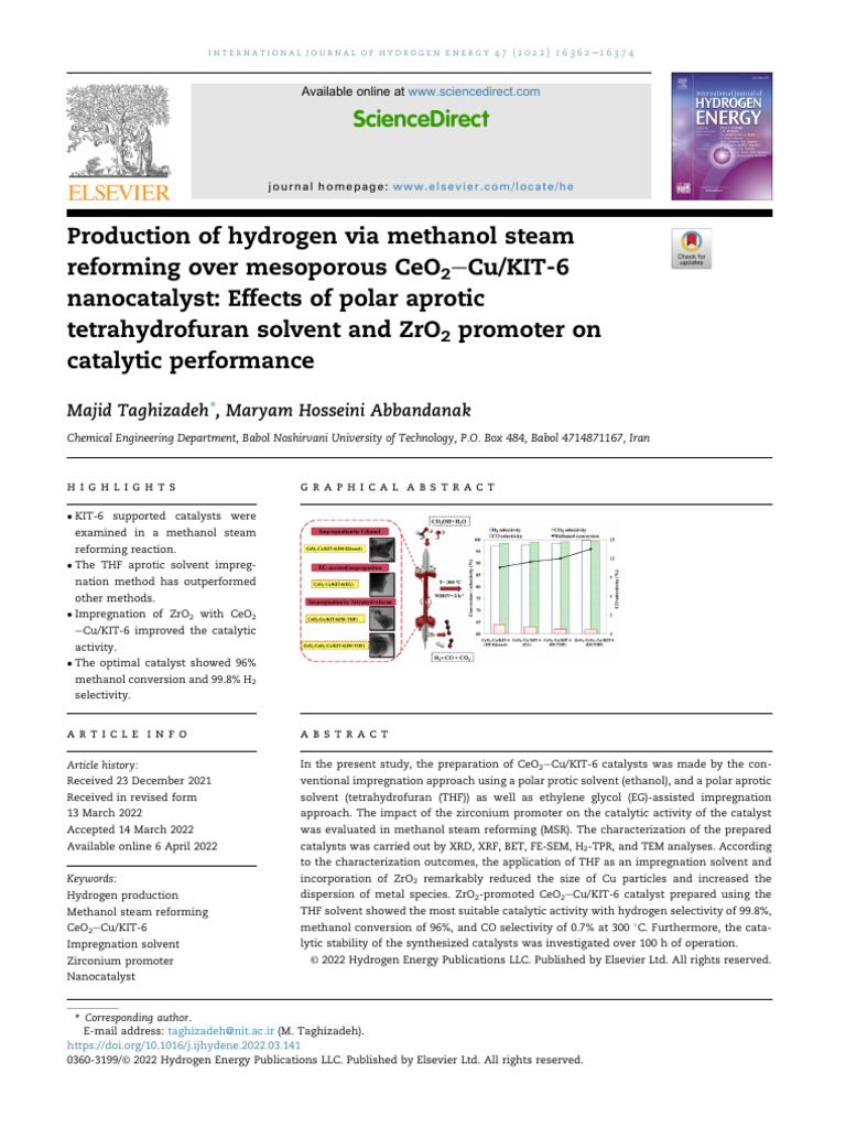 Production of hydrogen via methanol steam reforming over mesoporous ...