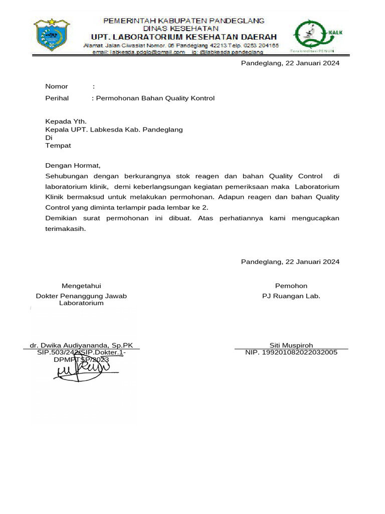 Permohonan Bahan Kontrol Labkesda Pandeglang | PDF