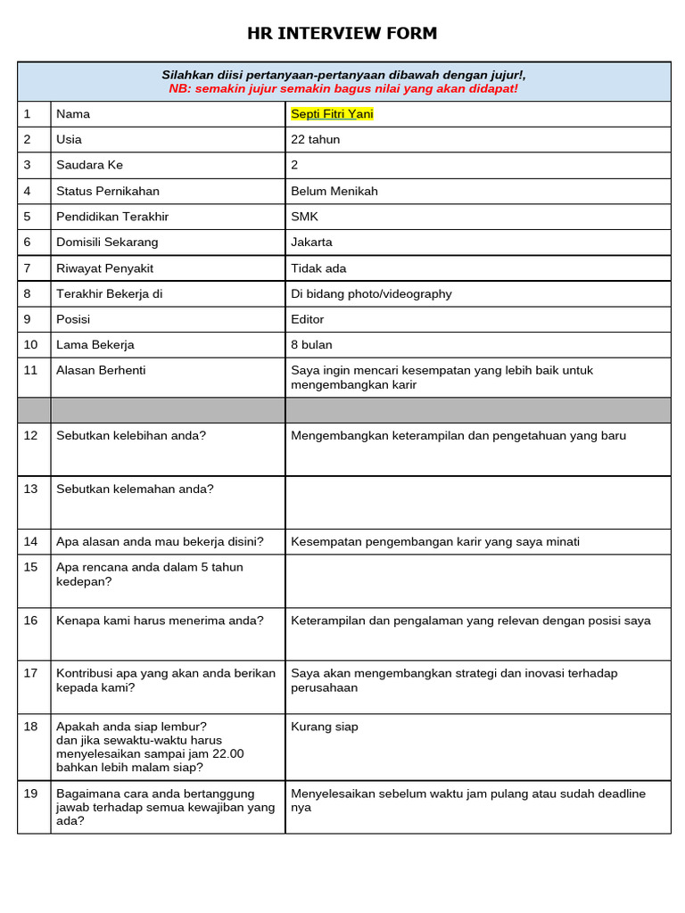 Hr Interview Form (2) | PDF