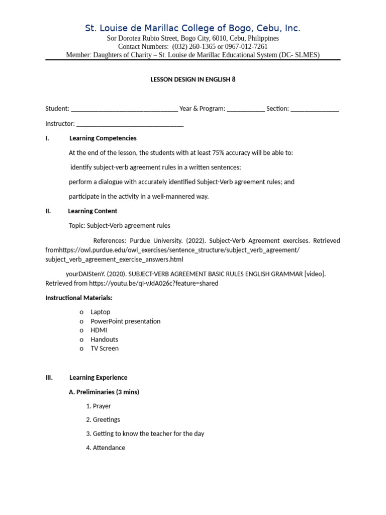 Subject-Verb Agreement LEsson Plan | PDF | Grammatical Number | Plural