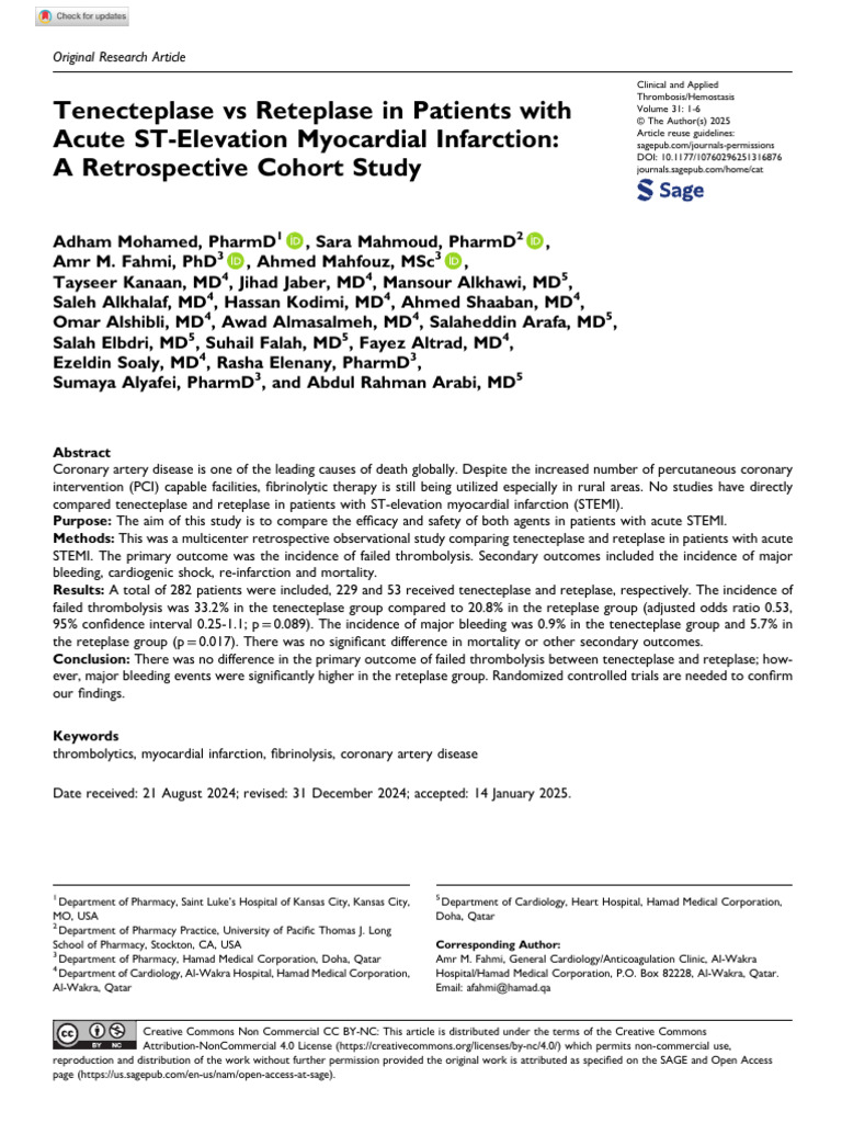 Mohamed Et Al 2025 Tenecteplase Vs Reteplase in Patients With Acute ST ...