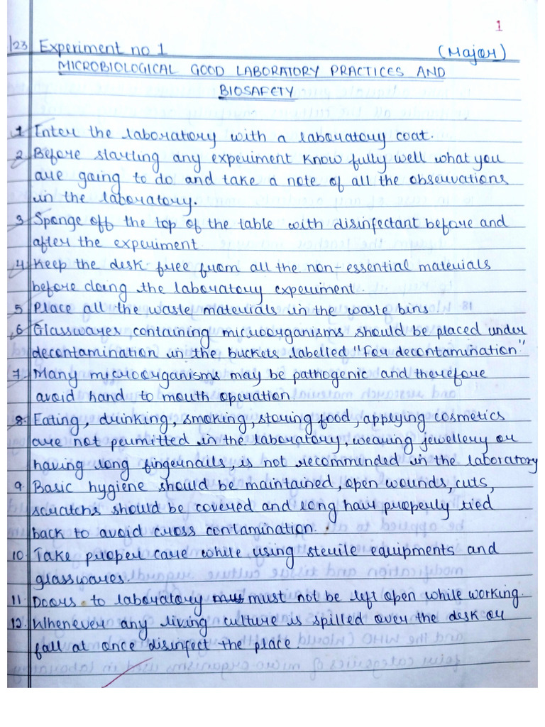 Expt 1 Microbiology Good Laboratory Practices and Biosafety | PDF