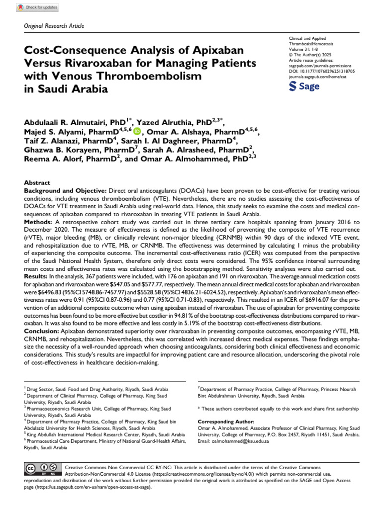 Almutairi Et Al 2025 Cost Consequence Analysis of Apixaban Versus Rivaroxaban For Managing ...